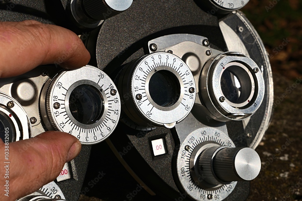 Detail of vintage manual mechanical phoropter, device used to determine ...