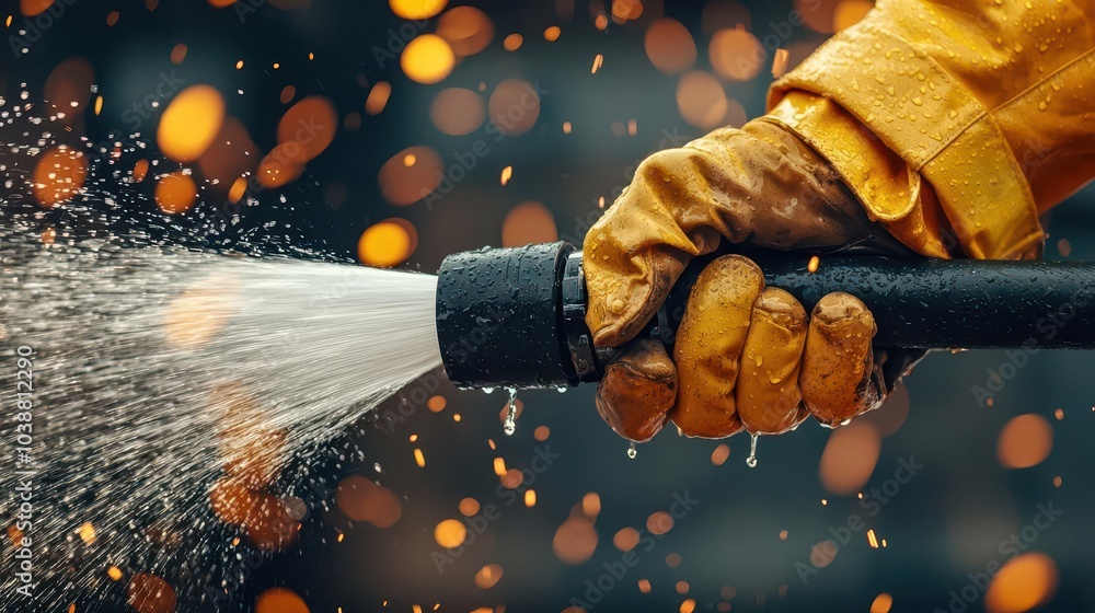 Closeup of firefighter hands gripping a fire hose, water spraying out ...