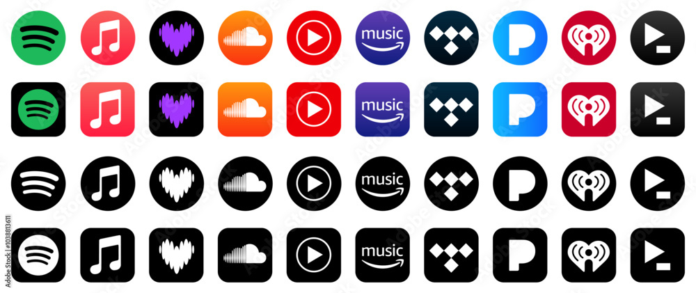 Popular music streaming service logo set: Apple music, Spotify, Youtube ...