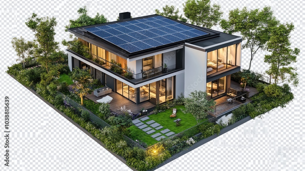Contemporary house design with solar panels on the roof, isolated on a ...