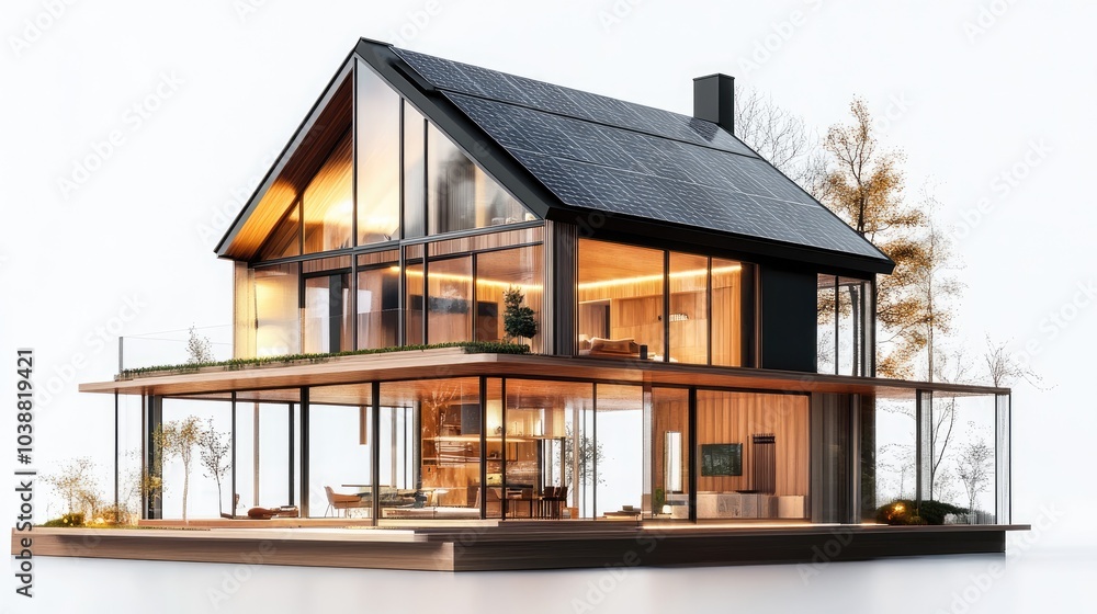 Solar-powered house on a transparent background, highlighting the ...