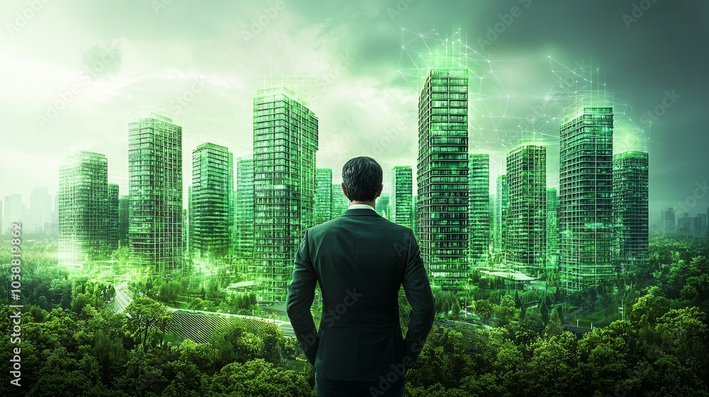 The Future of Urban Greenery Man Gazing at Sustainable Cityscape, Green ...