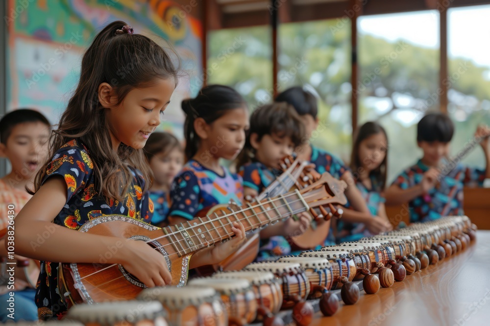 Children in a vibrant classroom setting, playing international musical ...