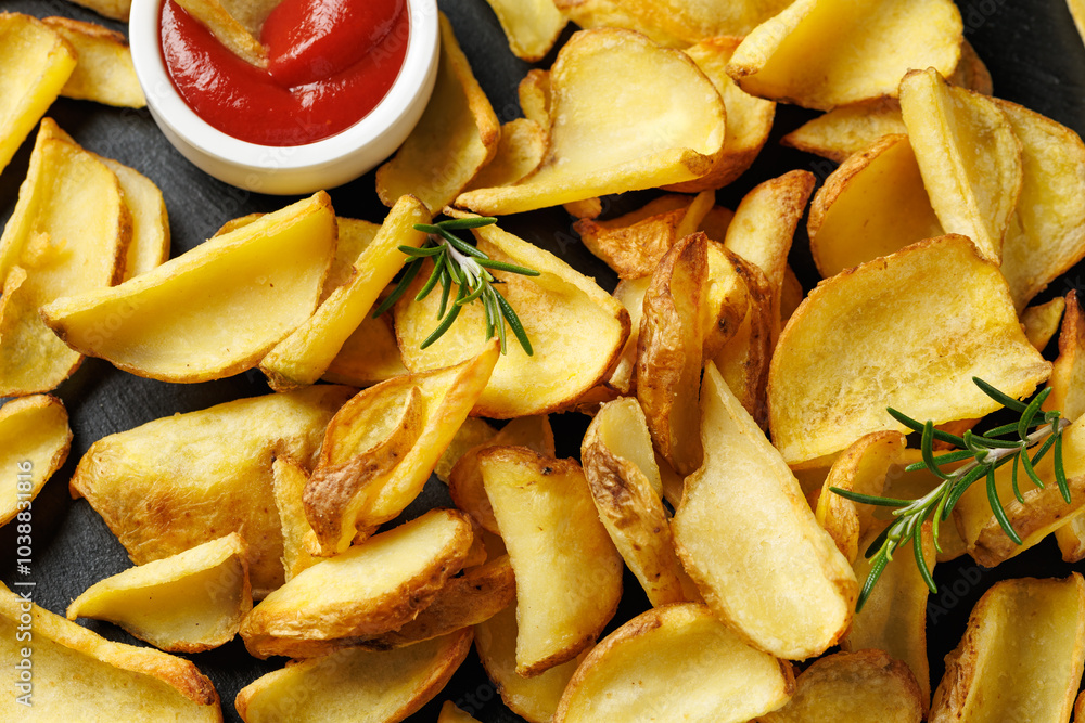 Fried potato dippers with ketchup on a stone board Stock Photo | Adobe ...