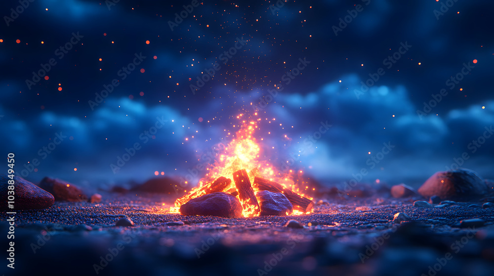 Captivating Close-up of a Vibrant Campfire Glowing Under a Deep Blue ...