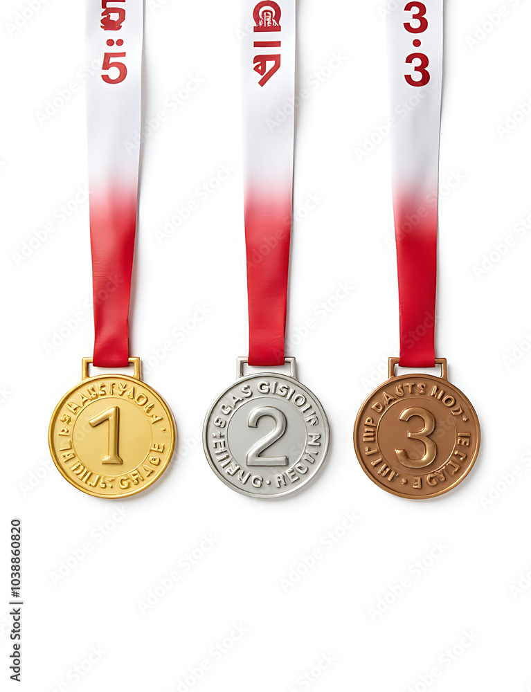 Gold, silver, and bronze medals hang isolated on a white background ...