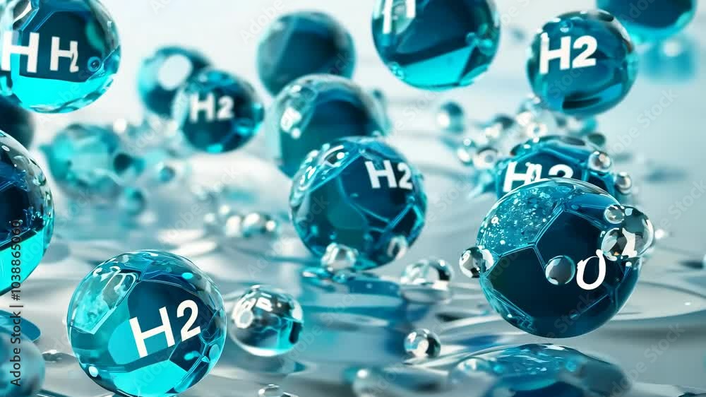 The image shows a molecular model of water, with blue spheres labeled ...