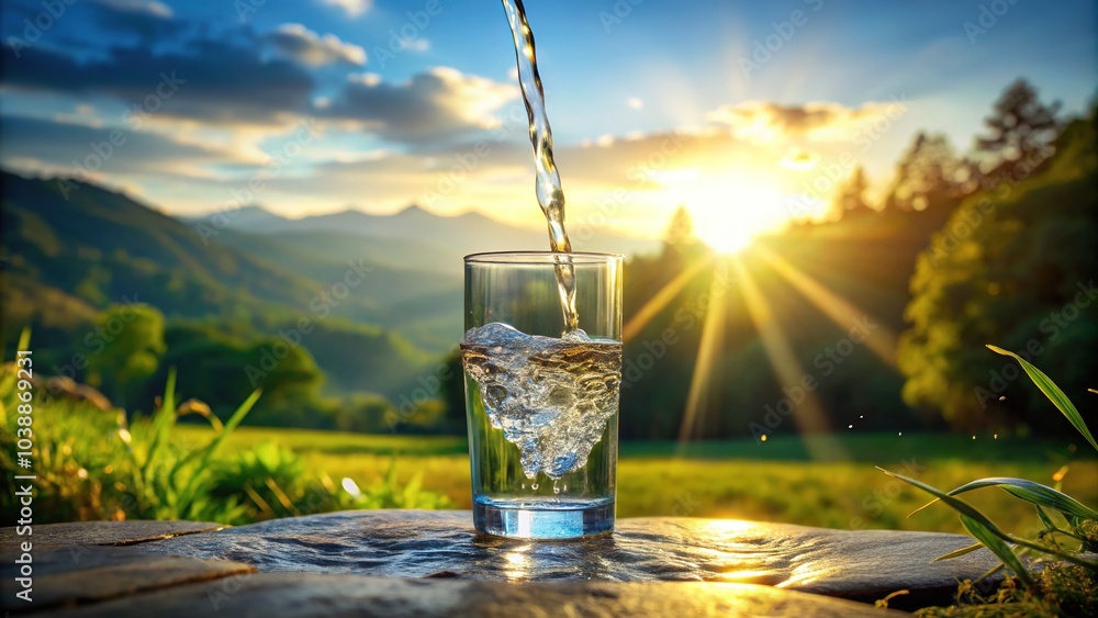 Cool, clear water cascades in bright light, offering a refreshing ...