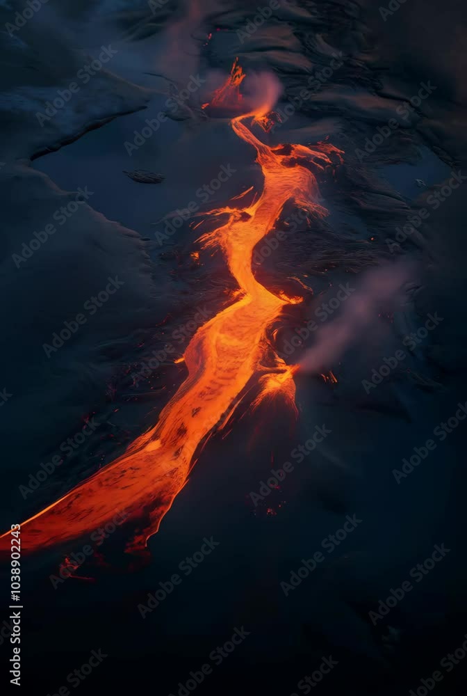 Volcanic eruption process. Closeup texture of flowing hot lava and ...