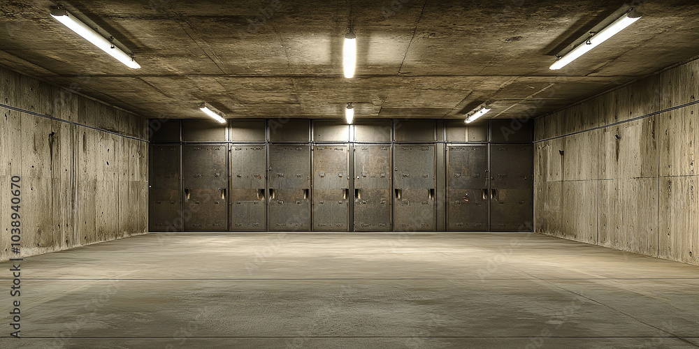 The interior of a nuclear fallout shelter with a concrete, industrial ...