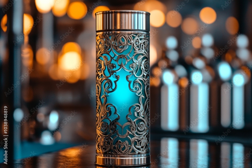 Gothic vaccine vial, with intricate, dark designs and glowing liquid in ...