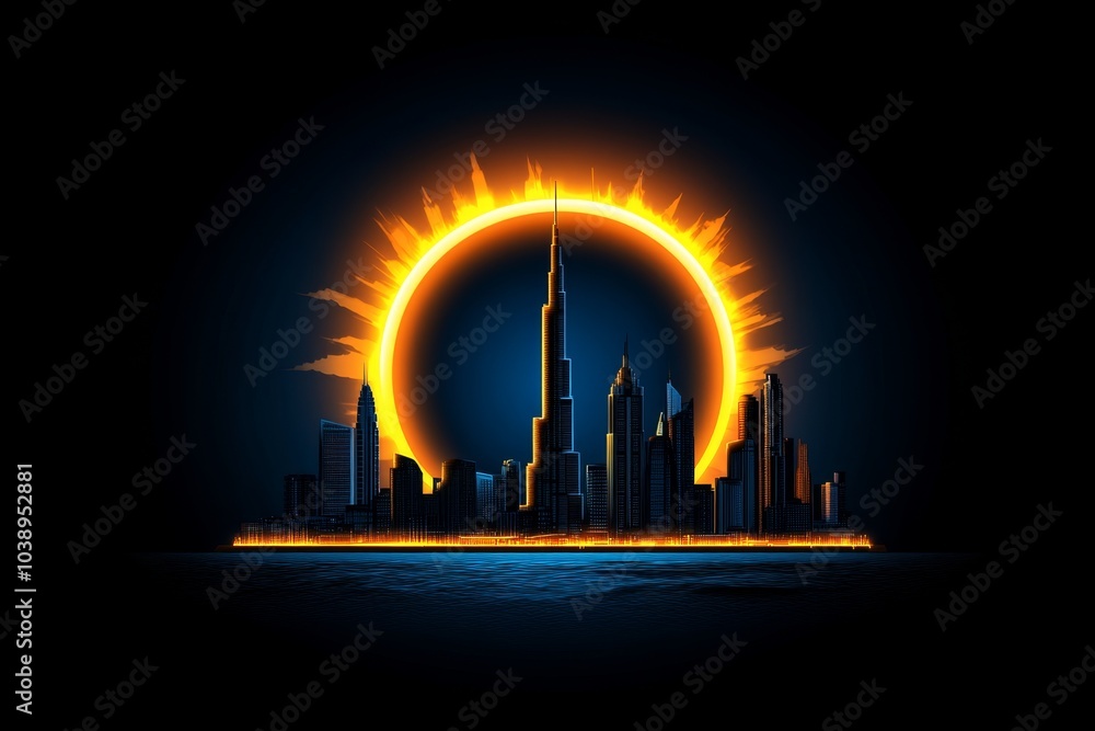 Pixel art city skyline at sunset, with blocky buildings and a pixelated ...