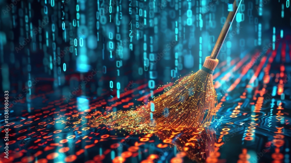 Engaging digital art of a broom clearing binary code, representing data ...
