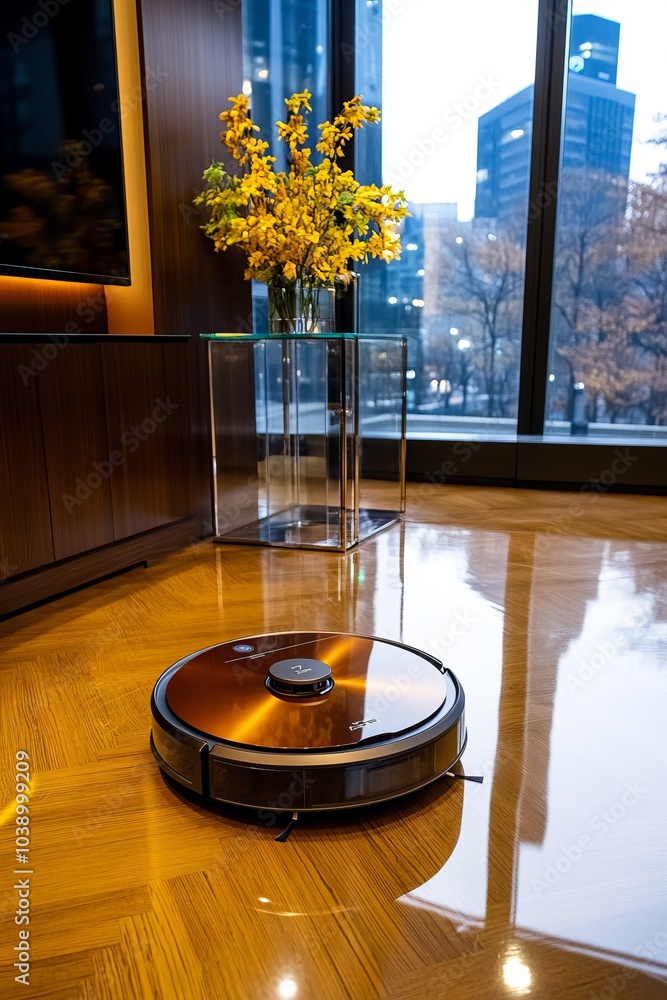 Un robot aspirador en una elegante sala de estar con suelos de madera ...