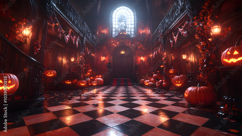 Halloween Festival in a Dark Hall with a Checkered Floor. This Spooky ...
