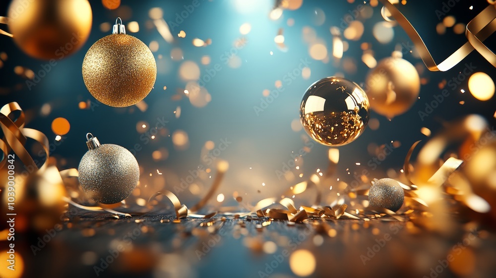 Esferas doradas y plateadas con cintas y confeti flotan en un ambiente ...