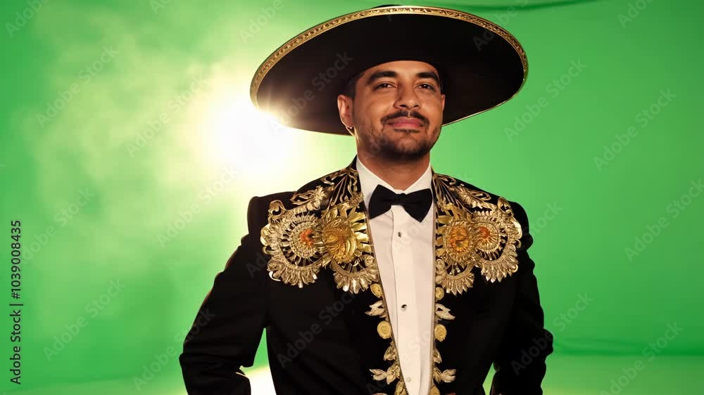 A man dressed in traditional Mexican mariachi clothing stands proudly ...