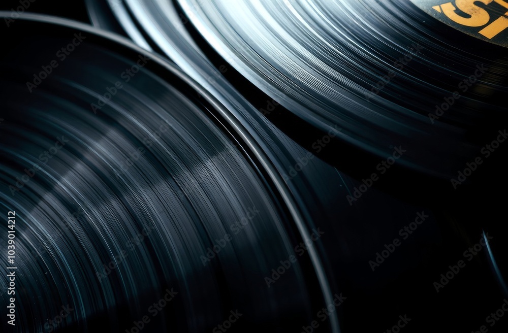 A detailed close-up of vintage vinyl records, showing the grooves and ...