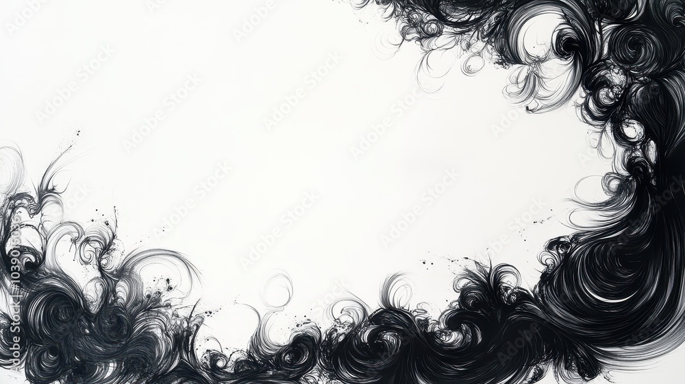 A black ink swirl forms an intricate frame border, curling elegantly ...
