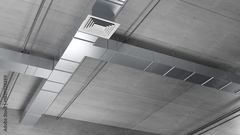 Industrial ventilation system. Steel pipes under roof of building ...