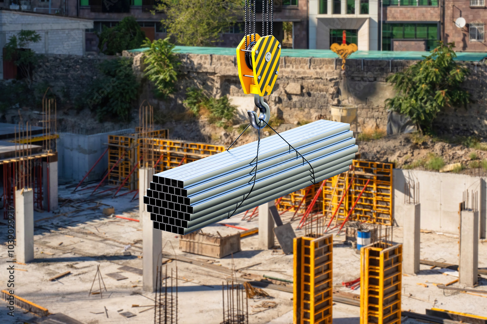 Construction work. Steel pipes on crane boom. Lifting load over ...