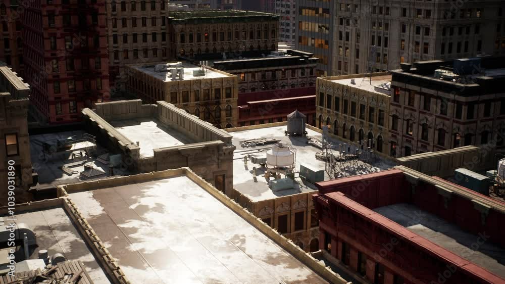 In a bustling urban area, a wide view of rooftops showcases various ...