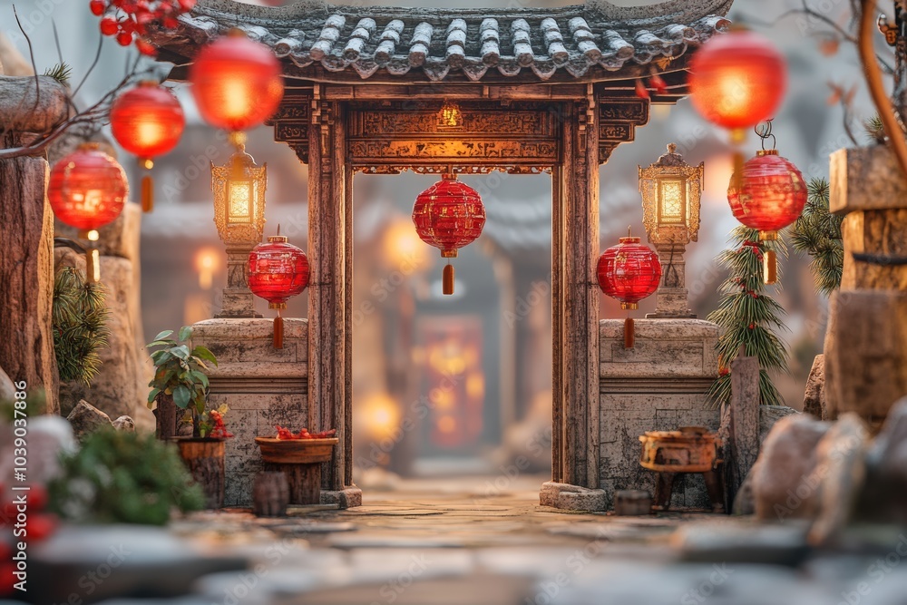 Miniature scene of a Chinese temple gate decorated with red lanterns ...