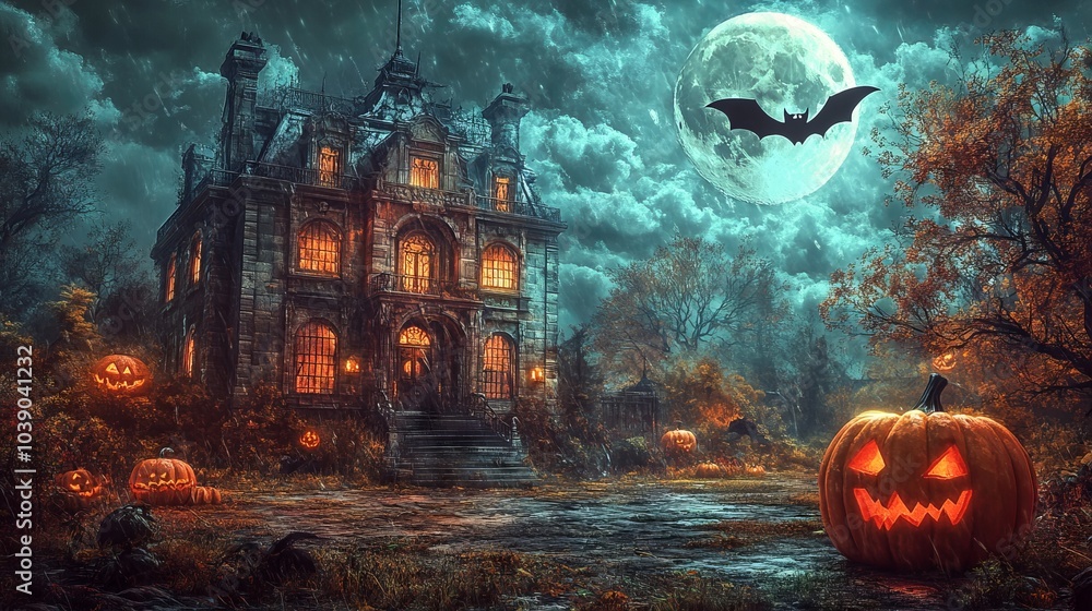 Spooky Halloween scene featuring a haunted house, glowing pumpkins, a ...