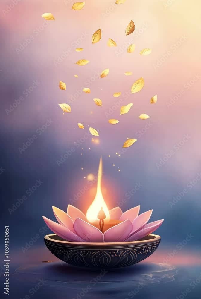 Burning traditional lotus candle floating on the water. Deepavali ...