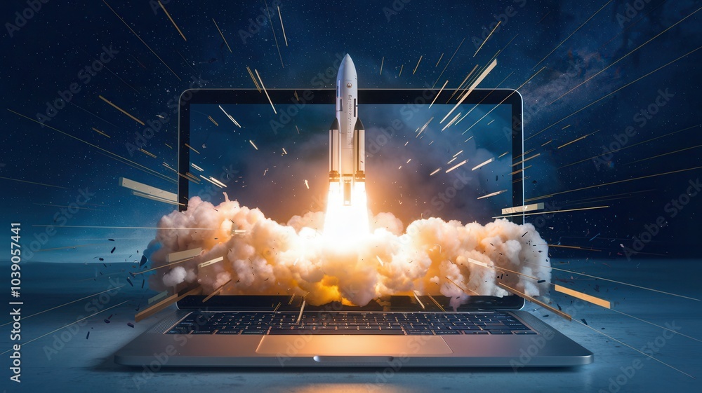 Stylized rocket launch from laptop screen in a starry space-themed ...