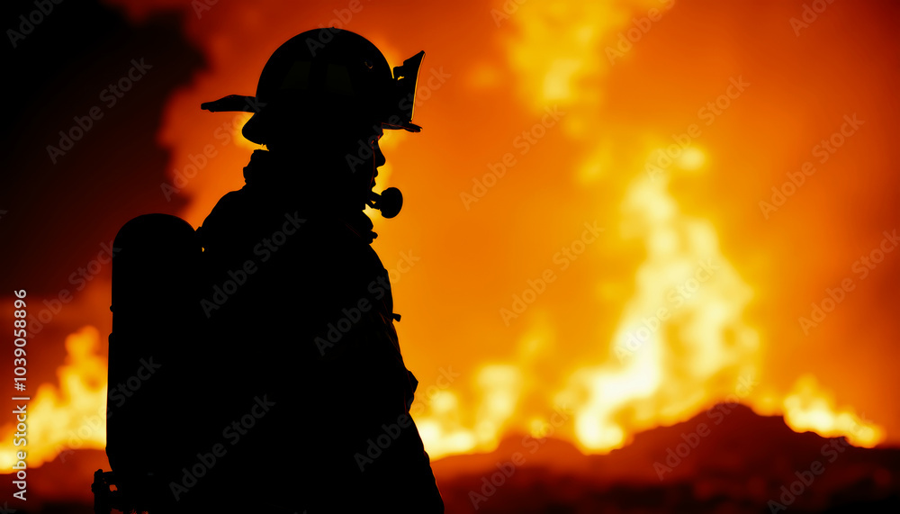 Silhouette of a brave firefighter against a raging fire, demonstrating ...