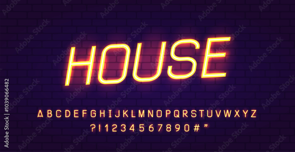 Neon font of house music in 90s - 2000s style. Retro futuristic neon ...