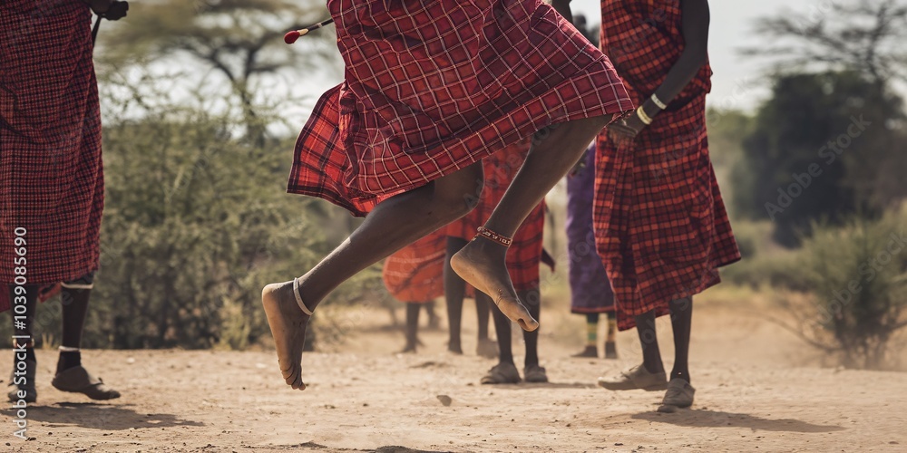 Maasai Adumu Jump Dance. A close-up of a Maasai warrior's feet leaping ...
