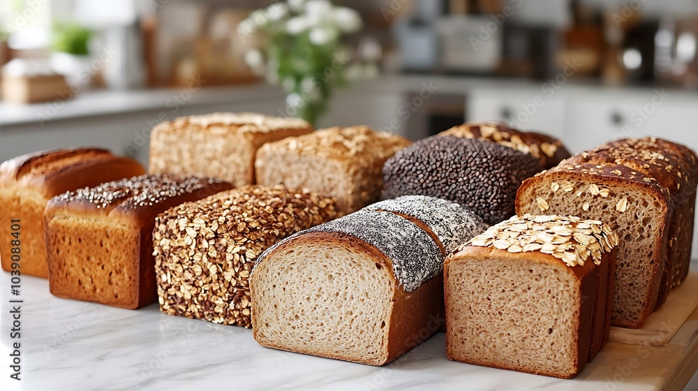 Variety of whole grain bread loaves and cereals rich in dietary fiber ...