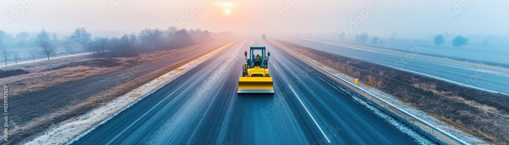 Massive road paver laying asphalt on a new highway, hot summer day ...