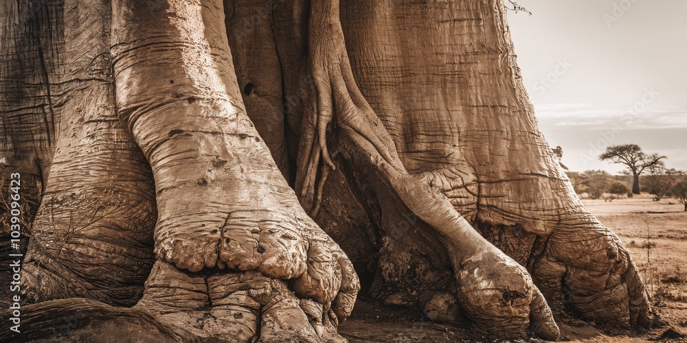 Sunlit Baobab Bark. A textured close-up of the rough bark of a giant ...