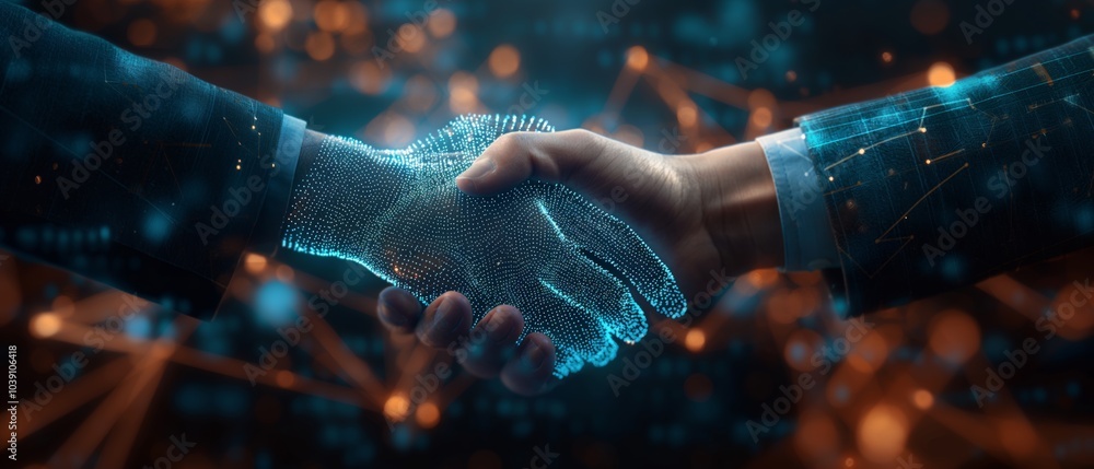 A handshake between AI technology and humans, capturing the energy and ...
