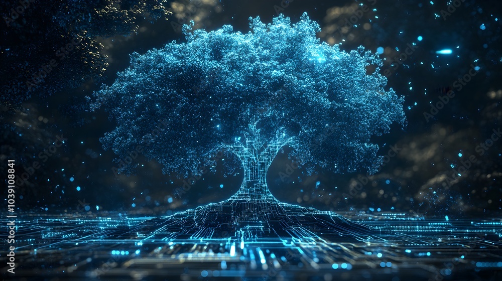 High-tech tree with LED-lit foliage growing out of a silver circuit ...