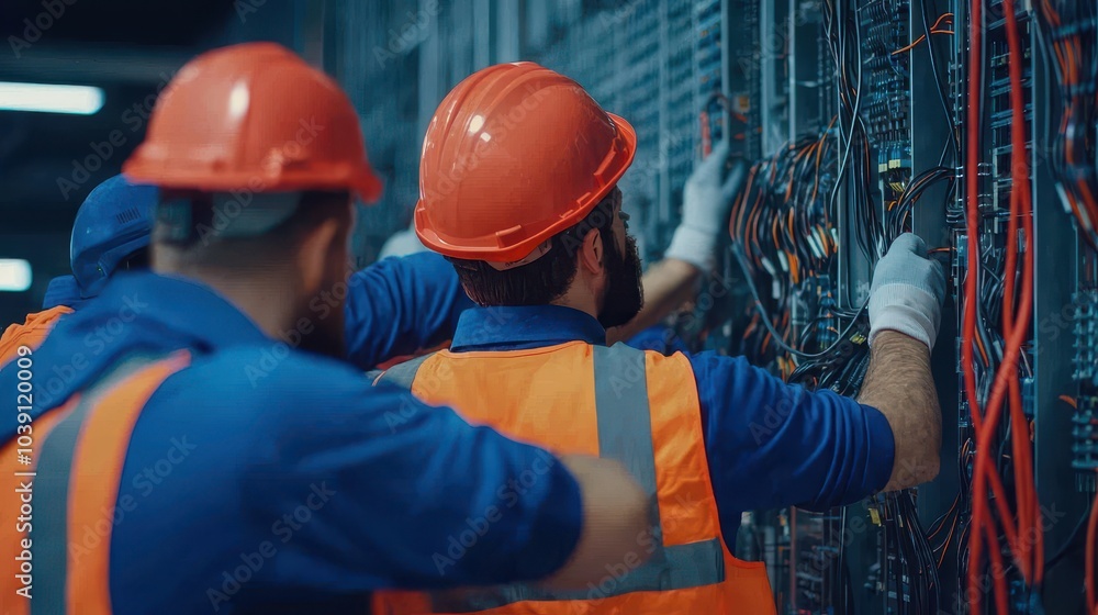 Technicians working on electrical systems with helmets in a modern ...