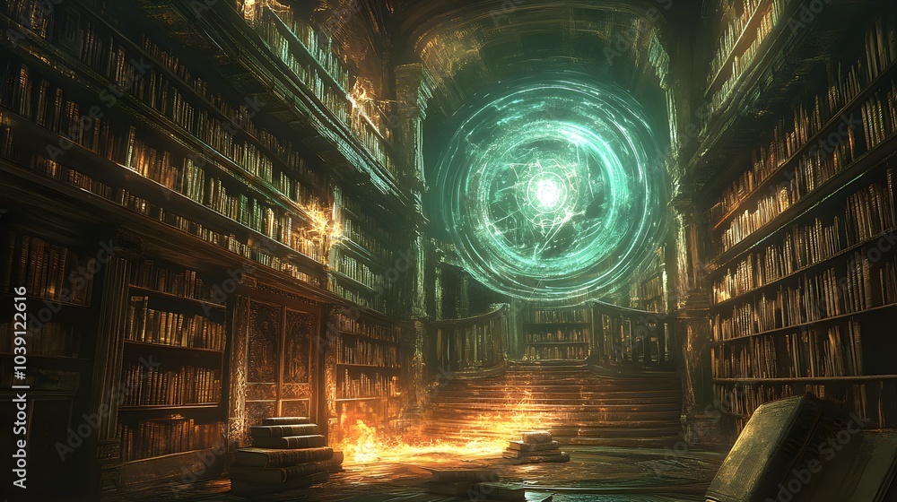 Floating enchanted books hover in a circular library of ancient texts ...