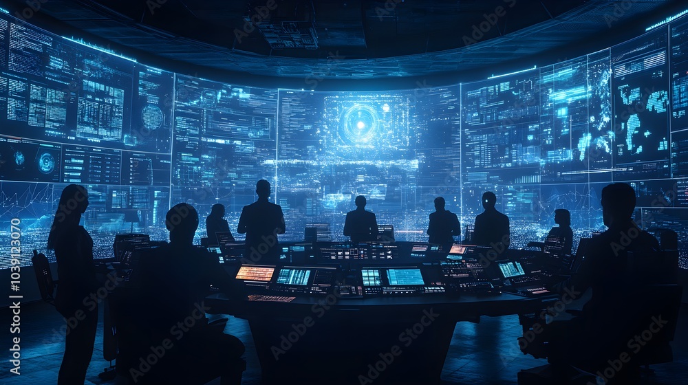 High-tech control room aboard a spaceship, with crew in a circular ...