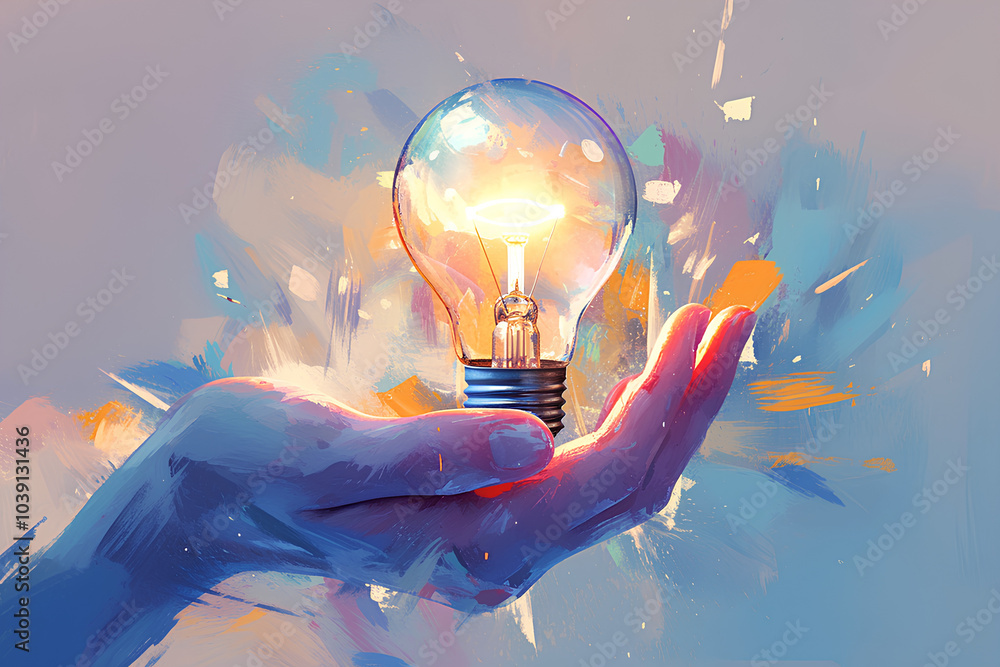 Watercolor 3D concept art of a lightbulb floating over a hand ...
