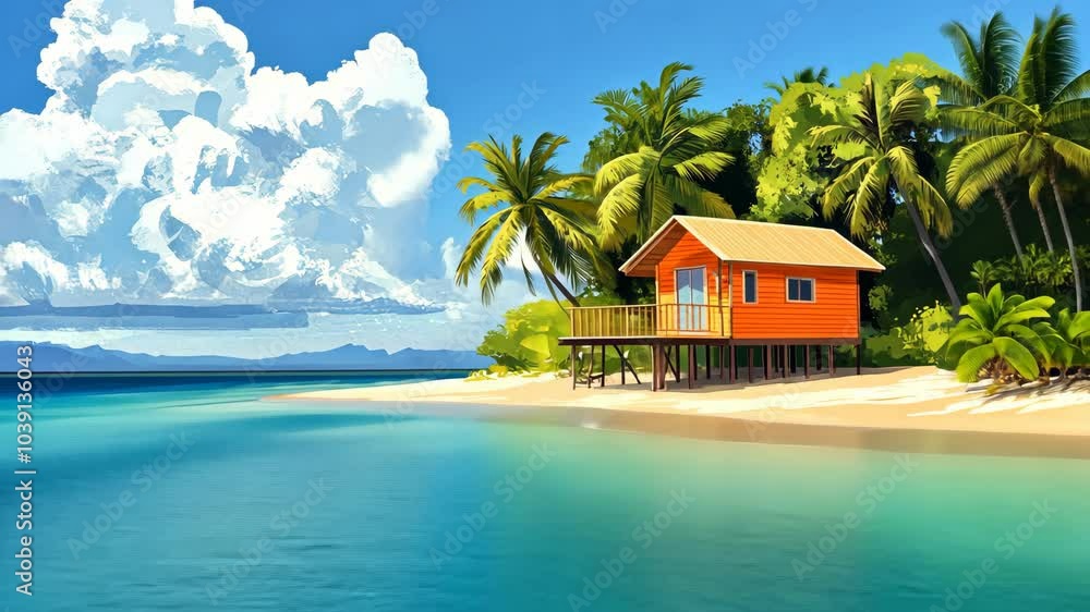 A small orange beach house stands on stilts on a tropical island ...