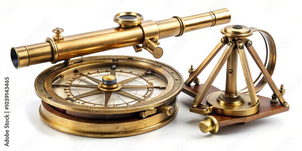 Vintage compass, telescope, and divider isolated on white background ...
