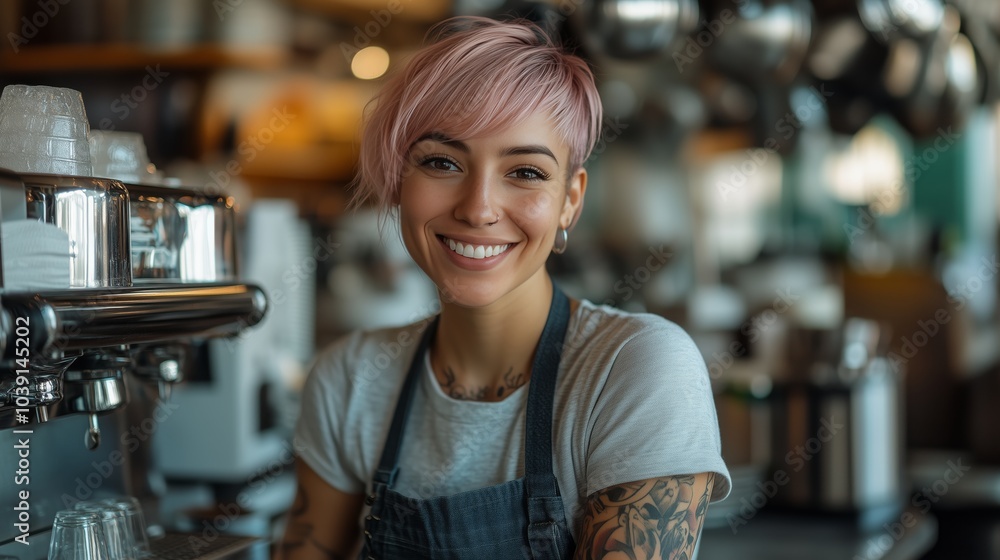 A photo of an attractive female barista with tattoos, smiling and ...