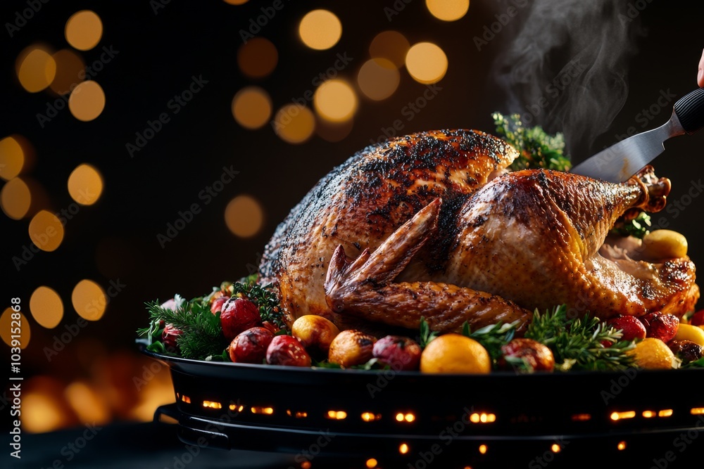 Hyper-realistic close-up of a Thanksgiving turkey being carved, with ...