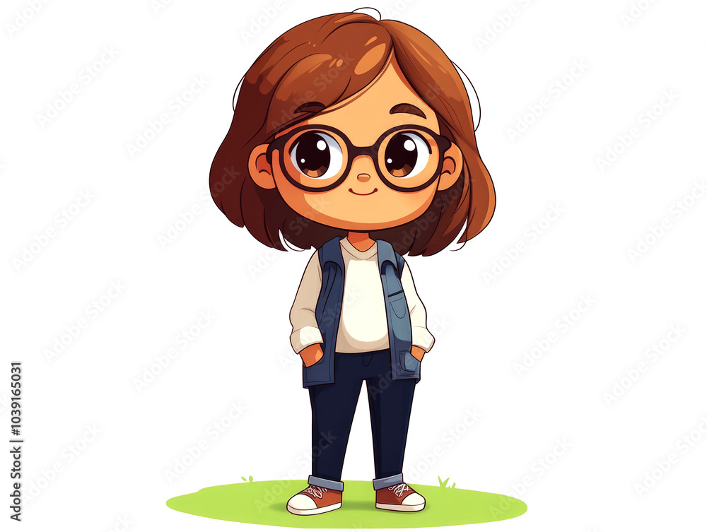 Cartoon illustration of a young woman with brown hair wearing glasses ...