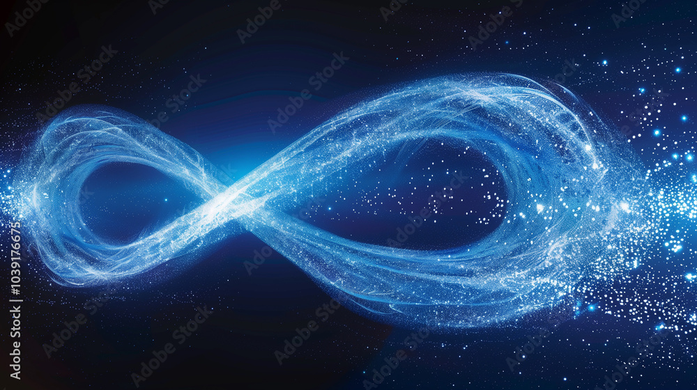 Glowing infinity symbol formed by dynamic particles in space, representing endless possibilities ...