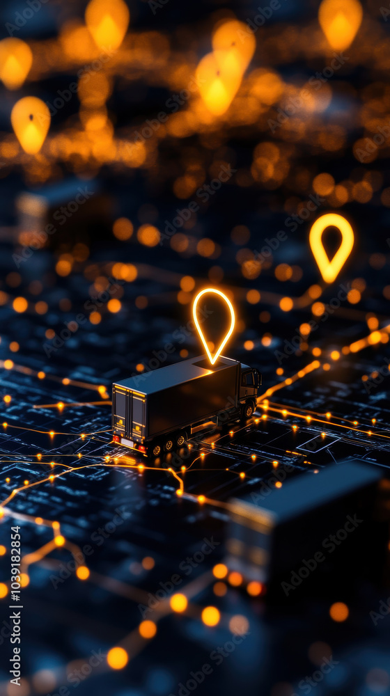 Smart logistics system with trucks and digital markers showcases ...