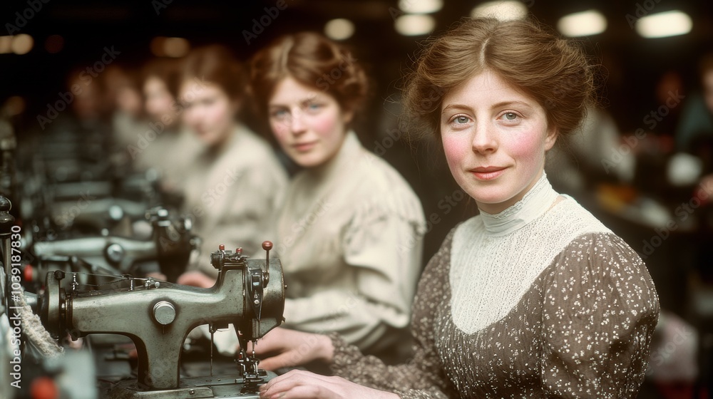 Young Woman Working in a Factory with Sewing Machines Industrial Labor ...